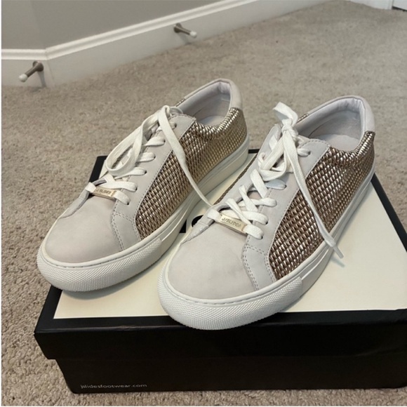J Slides | Shoes | J Slides Gold Metallic White Leather Fashion Sneaker ...